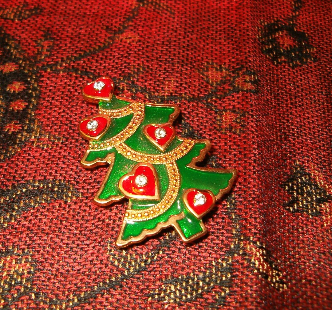 Heart Brooch, Green Enamel Pine Tree Decorated W Red Enamel Hearts ...