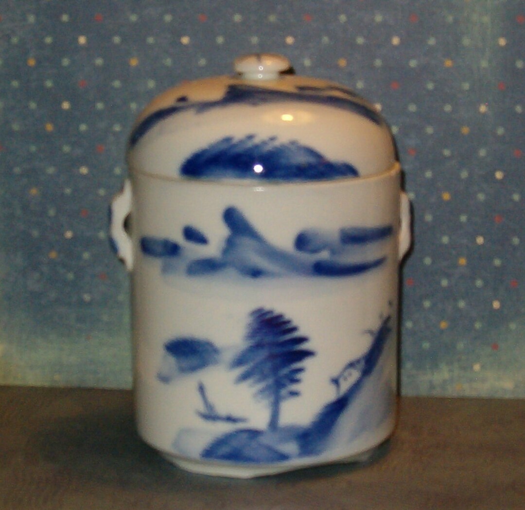 Vintage Heavy Clay Stoneware Tea Jar With Double Lid, Painted Blue, 6.5 ...