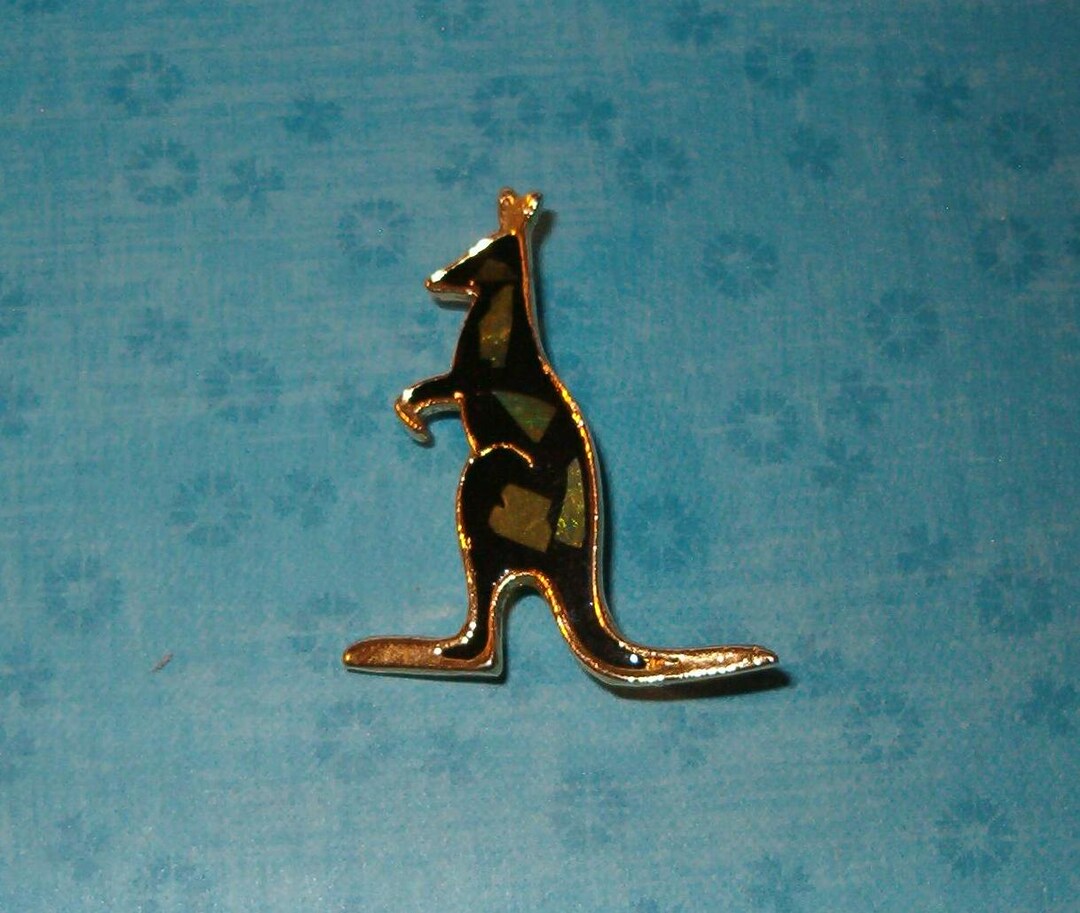 Kangaroo Pin, Brooch, Black Enamel, Inset Chips of Abalone, Golden Tone ...