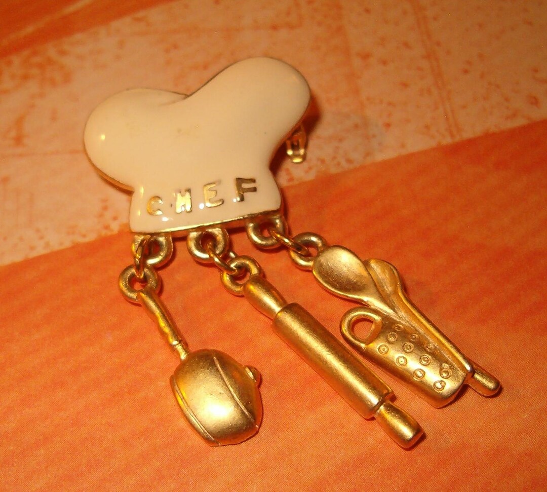 Chef's Hat Brooch, Pin, Heavy Creamy White Enamel, Dangle Utensil ...