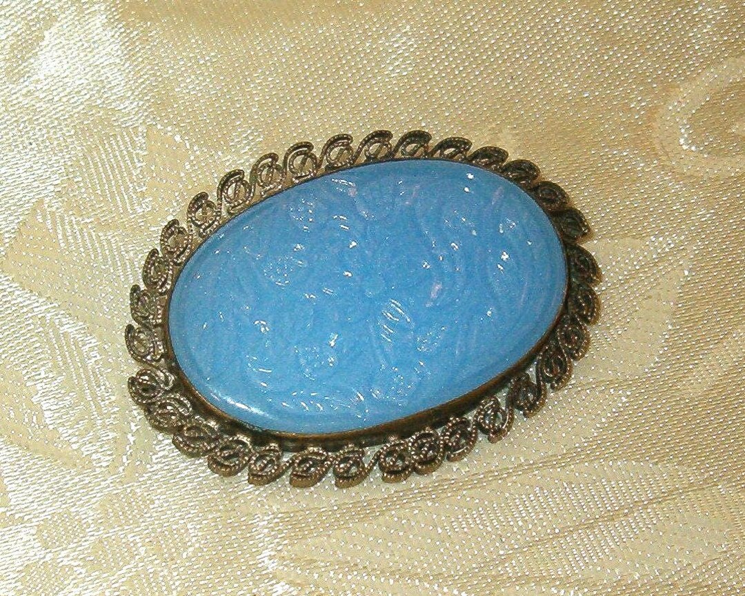 Gorgeous Vintage Blue Glass Pin Brooch, Like a Blue Jade, Embossed ...