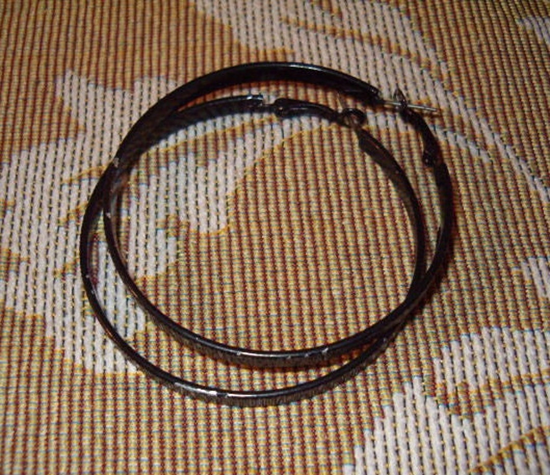 Hoop Earrings, Black Metal Hoops, Pierced, 2 1/4"w, Textured Edge ...