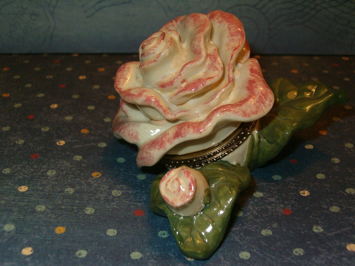 Vintage Rose Trinket Box Heavy Porcelain Metal Fittings - Etsy