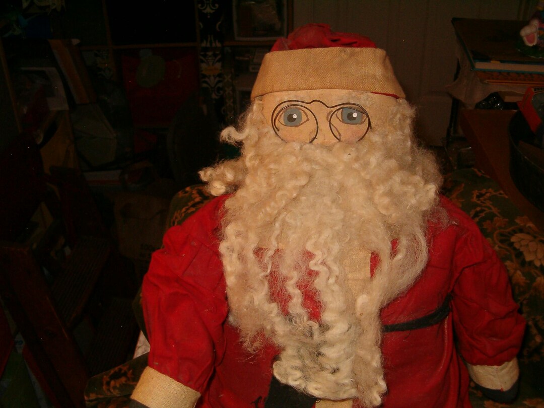 Folk Art Santa, Painted Cloth, Wooly Beard, Wire Glasses, Rustic Fabric ...