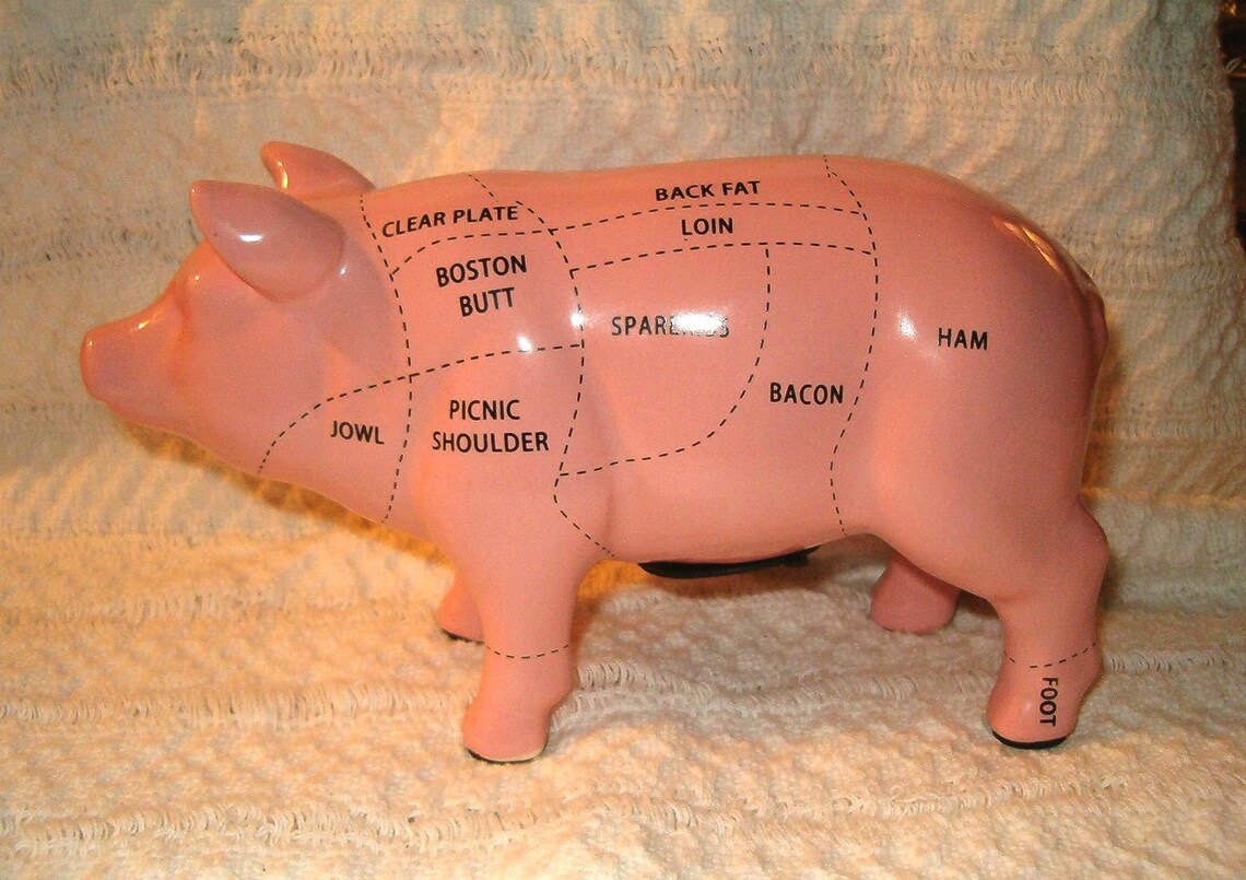 Stoneware Pink Piggy Bank, Slices of Ham Portrayed, Butcher Gift, Fun ...