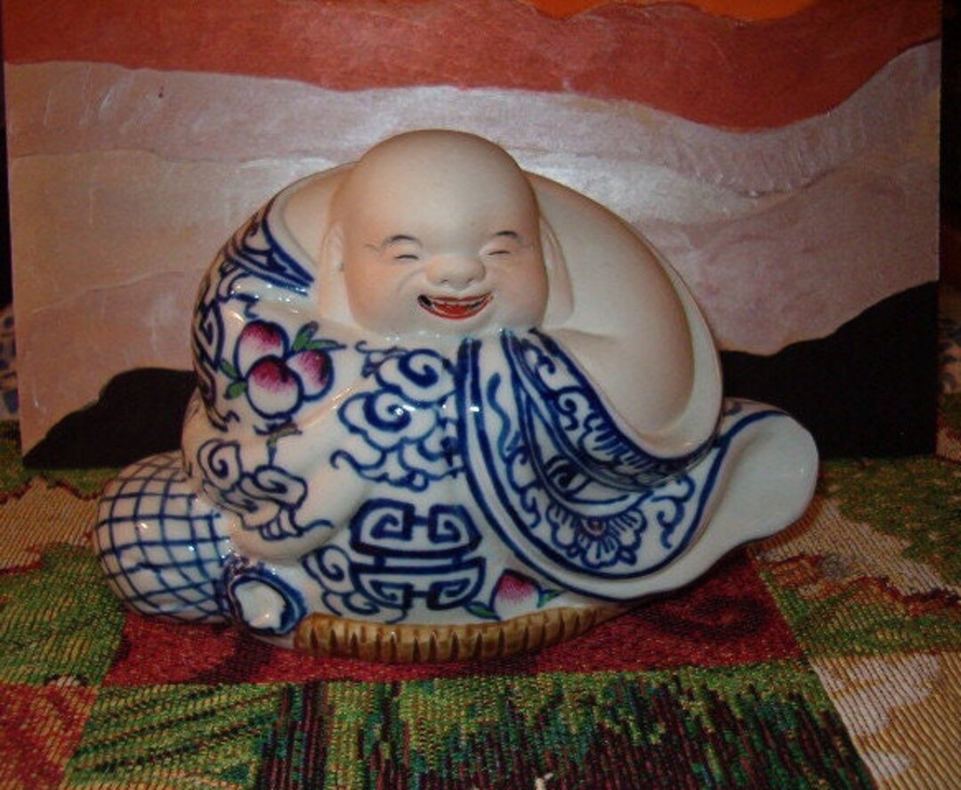 Asian Figurine, Colorful Bisque Porcelain, Sitting Sumo, Blue W Wt Wrap ...