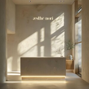 Luxury Sunlit Reception Desk | Brand Logo Mockup PSD | AI Beauty ...