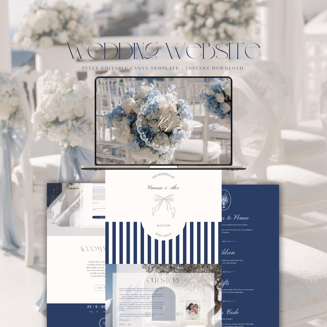 Wedding Website Canva Template Coastal Blue | Digital Invitation With ...