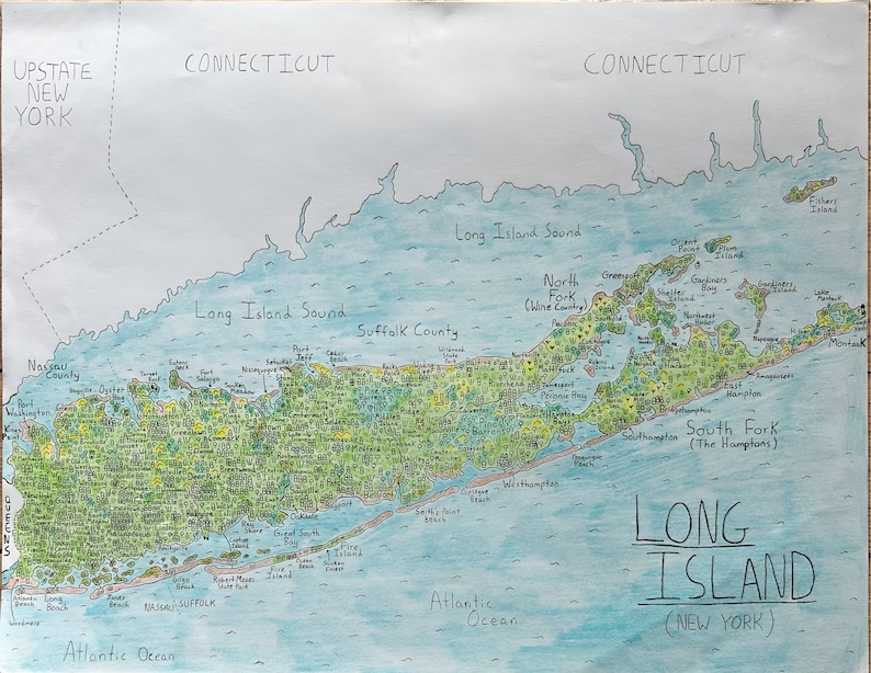 Long Island Hand Drawn Map Print, Atlas Style Wall Art - Etsy