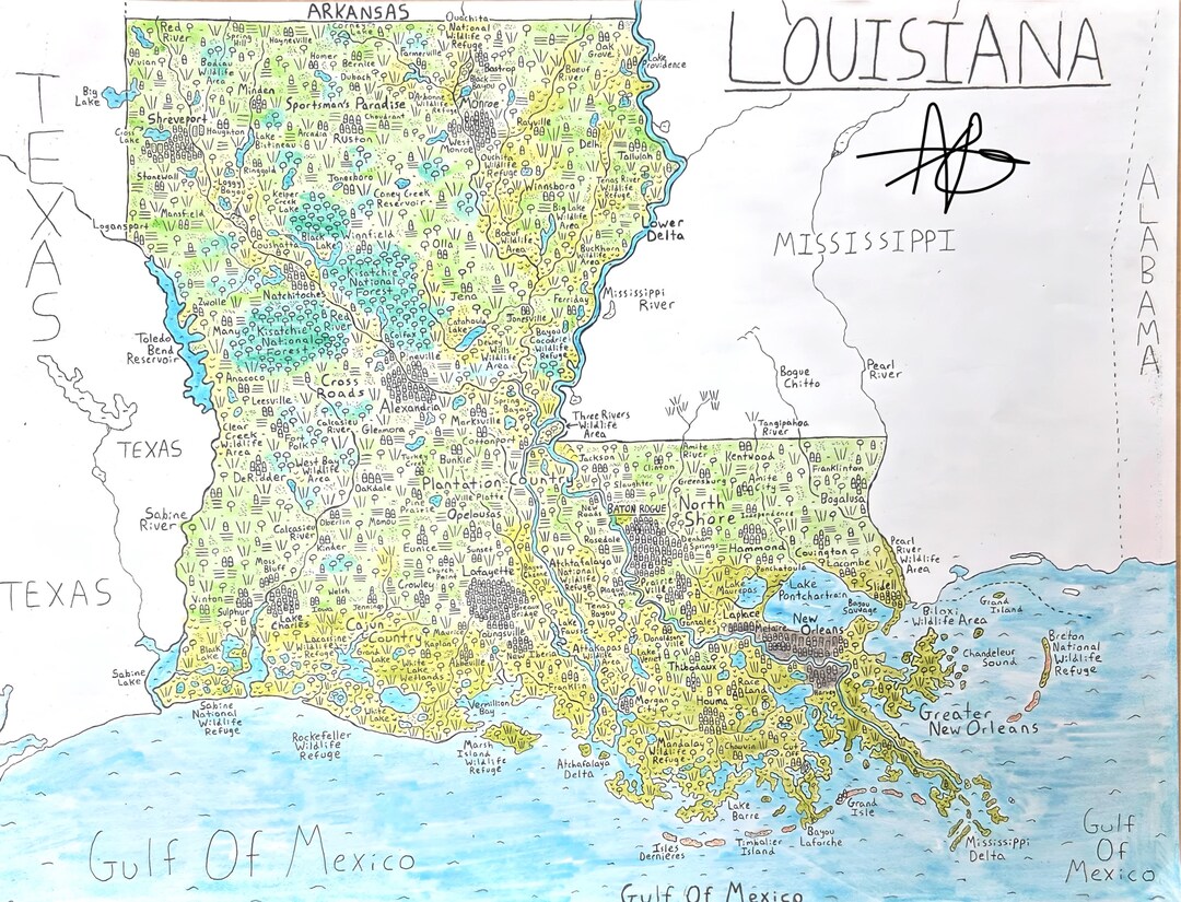 Louisiana Hand Drawn Map Print, Atlas Style Wall Art - Etsy