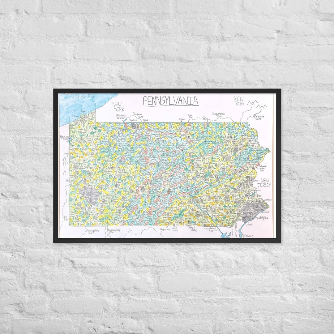 Framed Pennsylvania Hand-drawn State Map Print | the Poconos ...