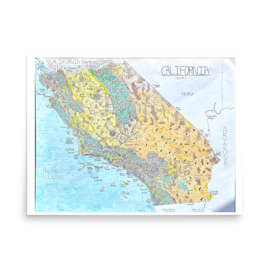 Southern California Hand-drawn Map Print | Los Angeles, San Diego - Etsy