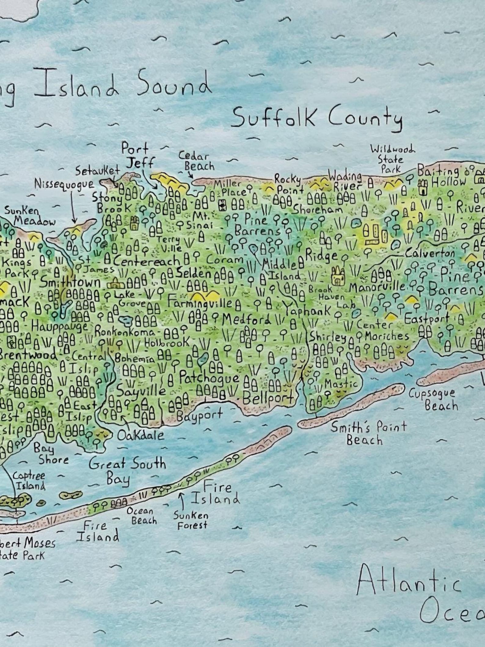 Long Island Hand Drawn Map Print, Atlas Style Wall Art - Etsy