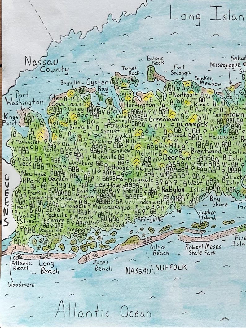 Long Island Hand Drawn Map Print, Atlas Style Wall Art - Etsy