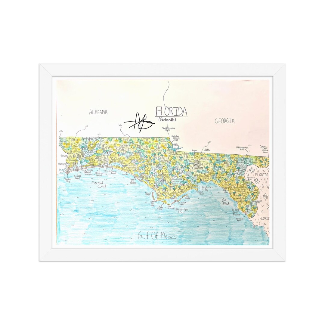 Framed Florida Panhandle Map Print, Hand-drawn Atlas Style, USA Wall ...