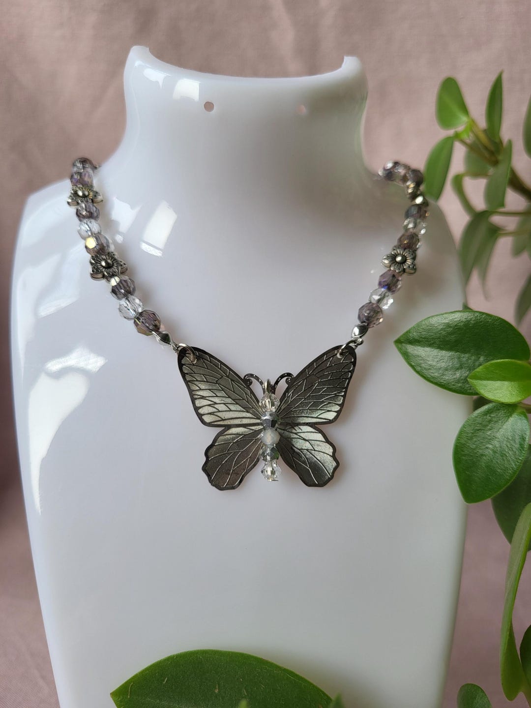 Upcycled Silver Beaded Butterfly Necklace. One of a Kind. Upcycled ...