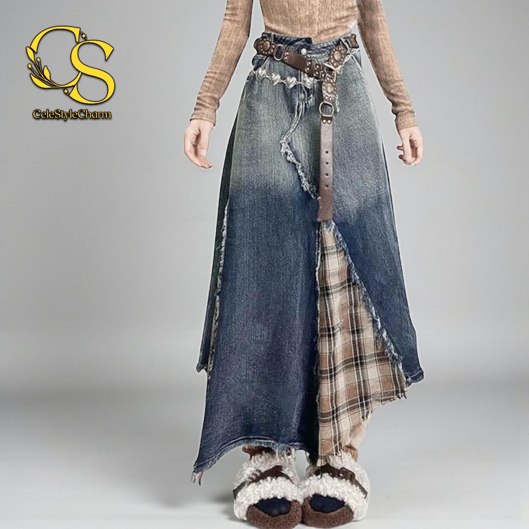 Plaid Denim Skirt | Patchwork Overlay Long Design | Y2K Streetwear ...