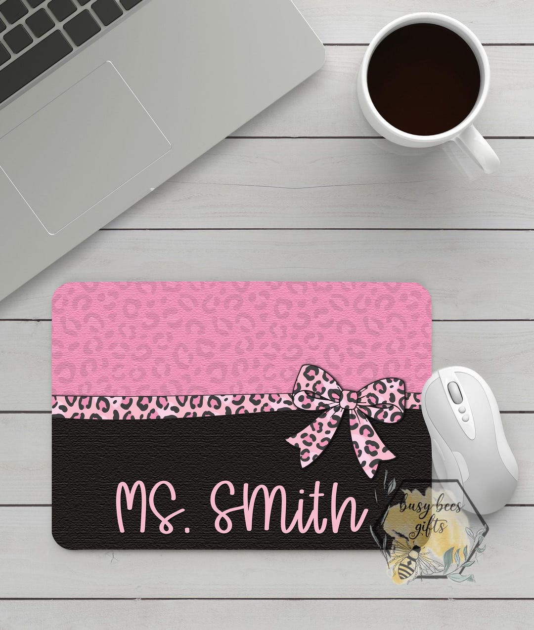 Pink Leopard Print With Bow, Personalized Mousepad, Teacher Mousepad, Teacher Gift, Personalized ...