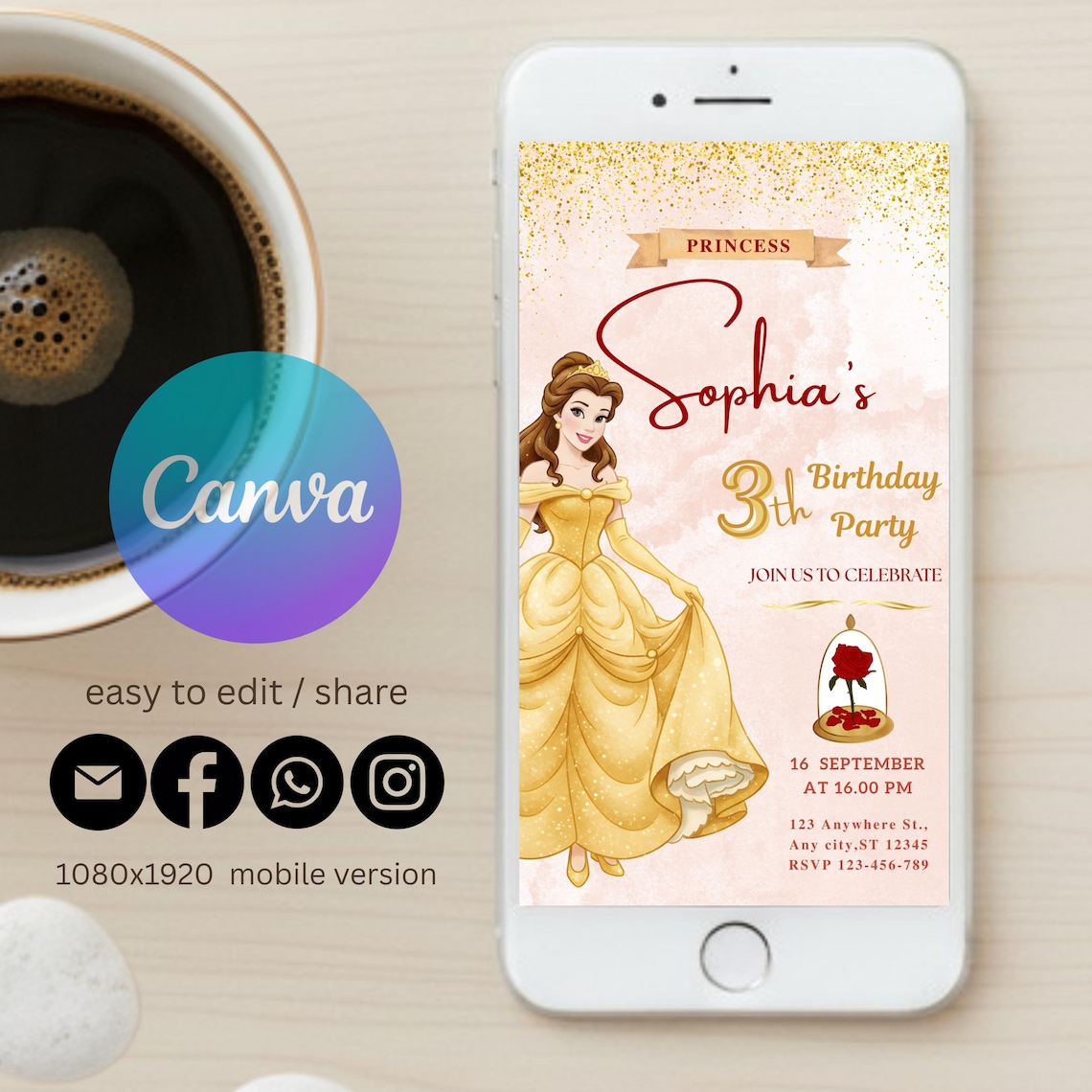 Princess Belle Birthday Invitation Card, BBTB Birthday Girl Invite ...
