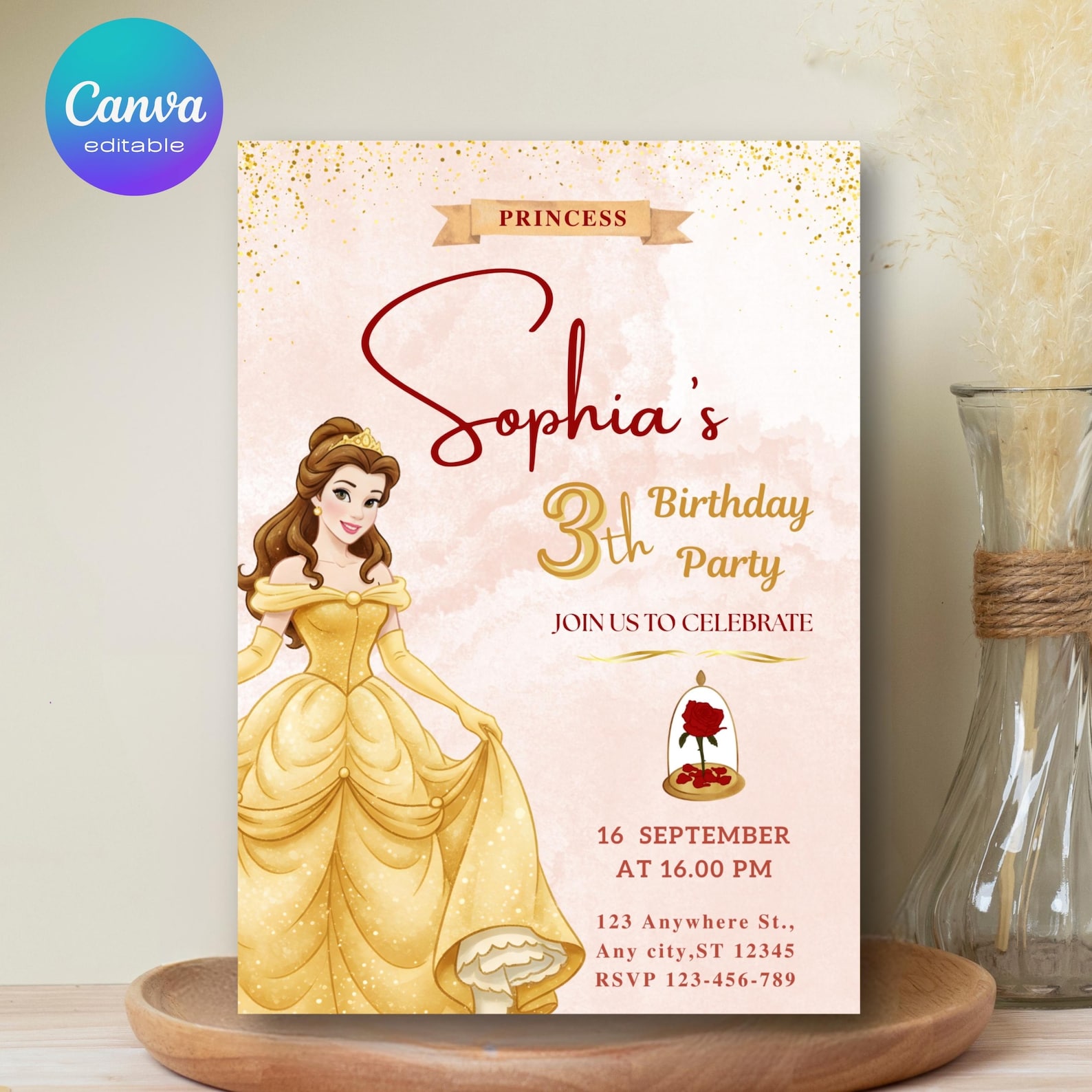 Princess Belle Birthday Invitation Card, BBTB Birthday Girl Invite ...