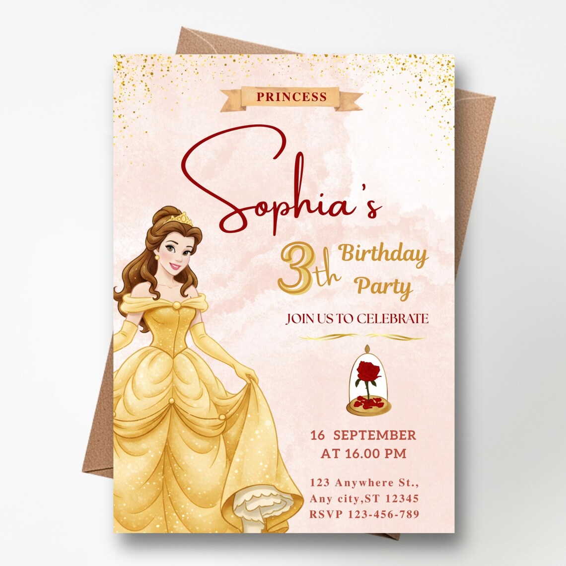 Princess Belle Birthday Invitation Card, BBTB Birthday Girl Invite ...