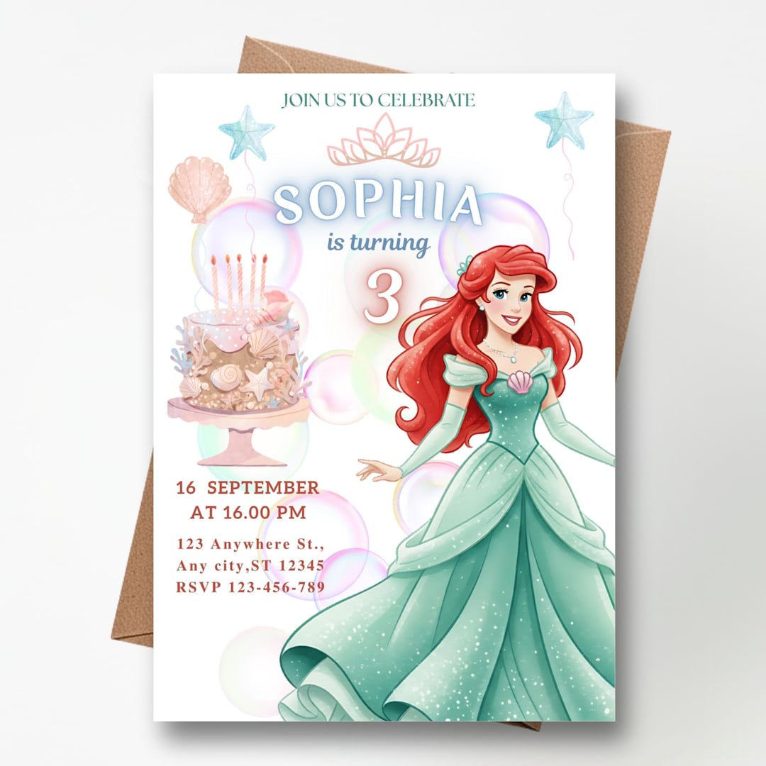 Princess Ariel Birthday Invitation Card, Mermaid Birthday Girl Invite ...