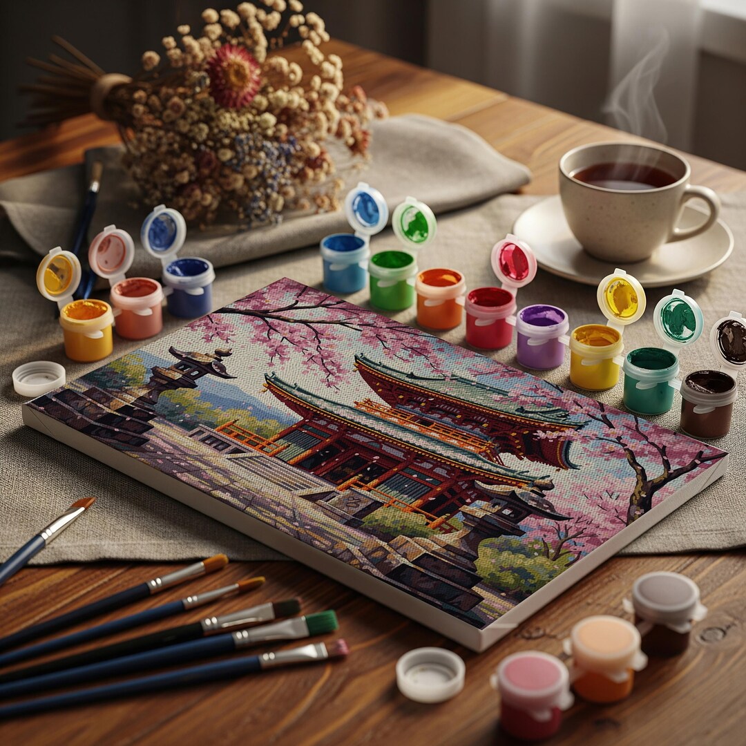 Japanese Temple Paint by Numbers Kit, Cherry Blossom Canvas Art - Etsy