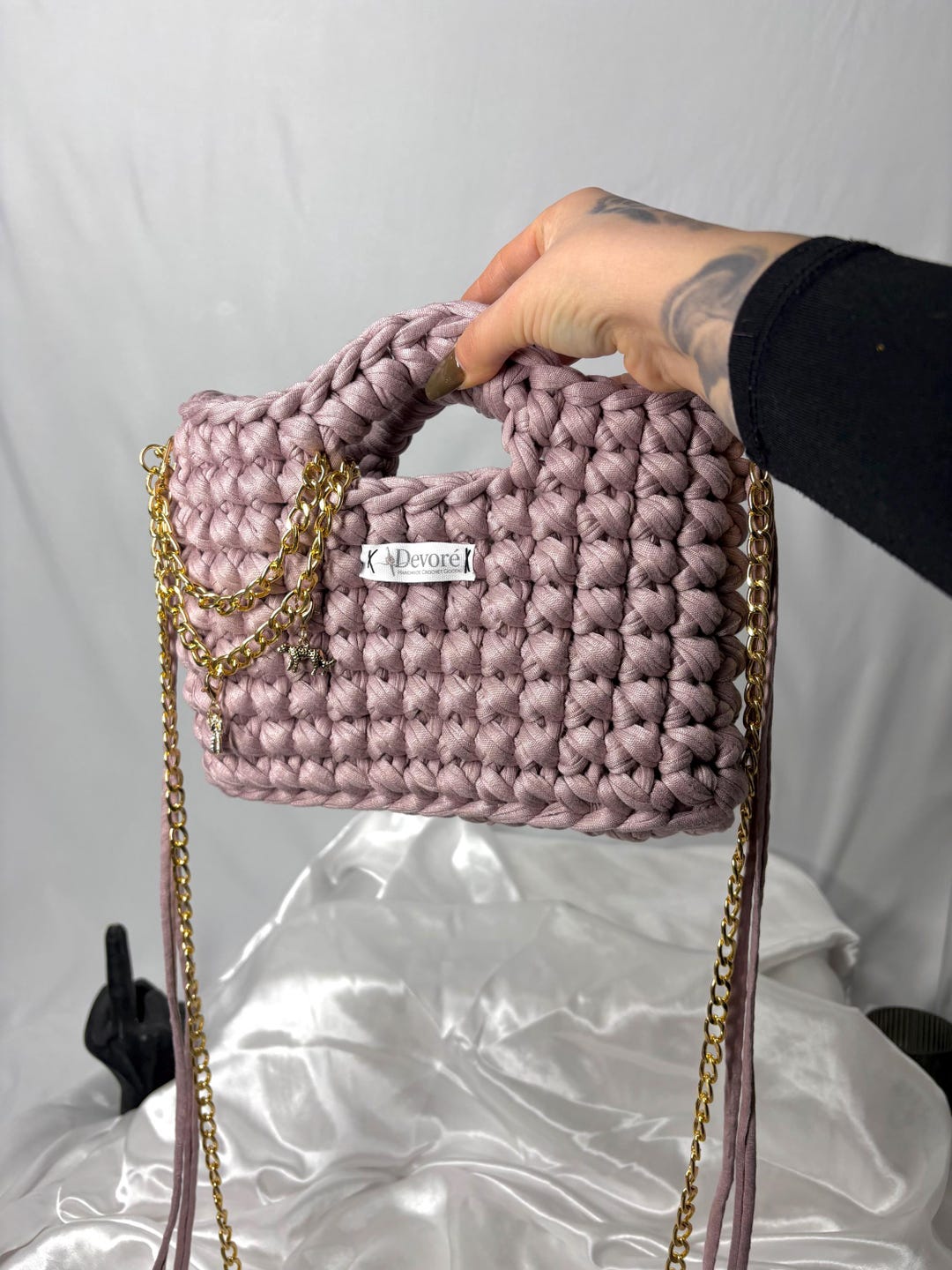 Handmade Crochet Bag Dusty Pink | Statement Handbag With Gold Chain ...