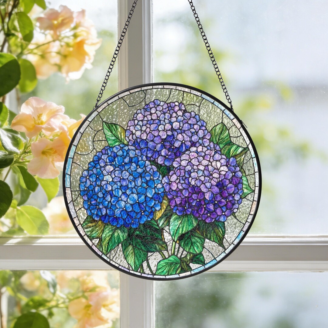 Blue Hydrangea Stained Glass Suncatcher, Floral Window Hanging Decor ...