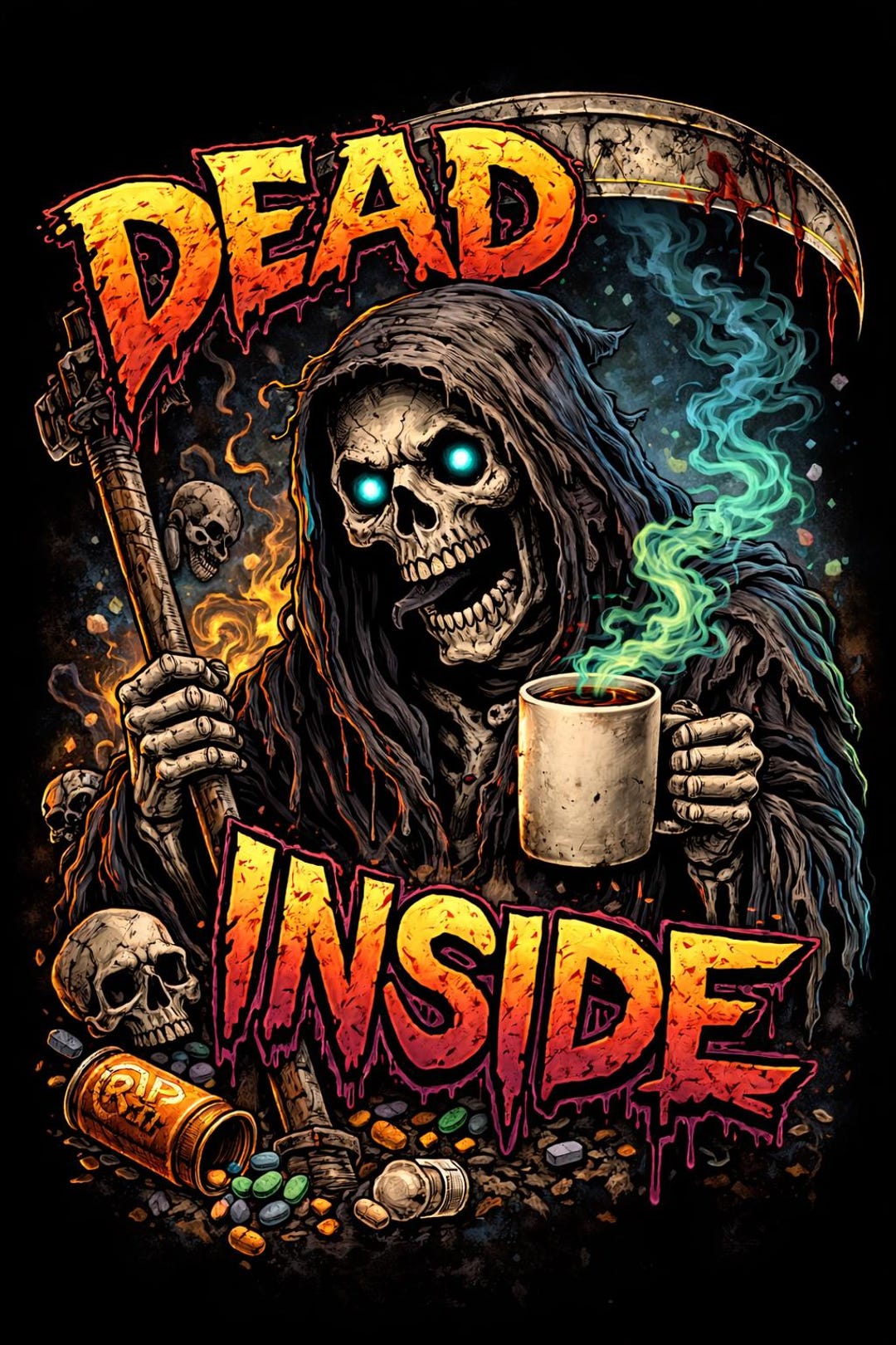Dead Inside Grim Reaper Artwork | Dark Coffee Skull DTF Print | Funny ...