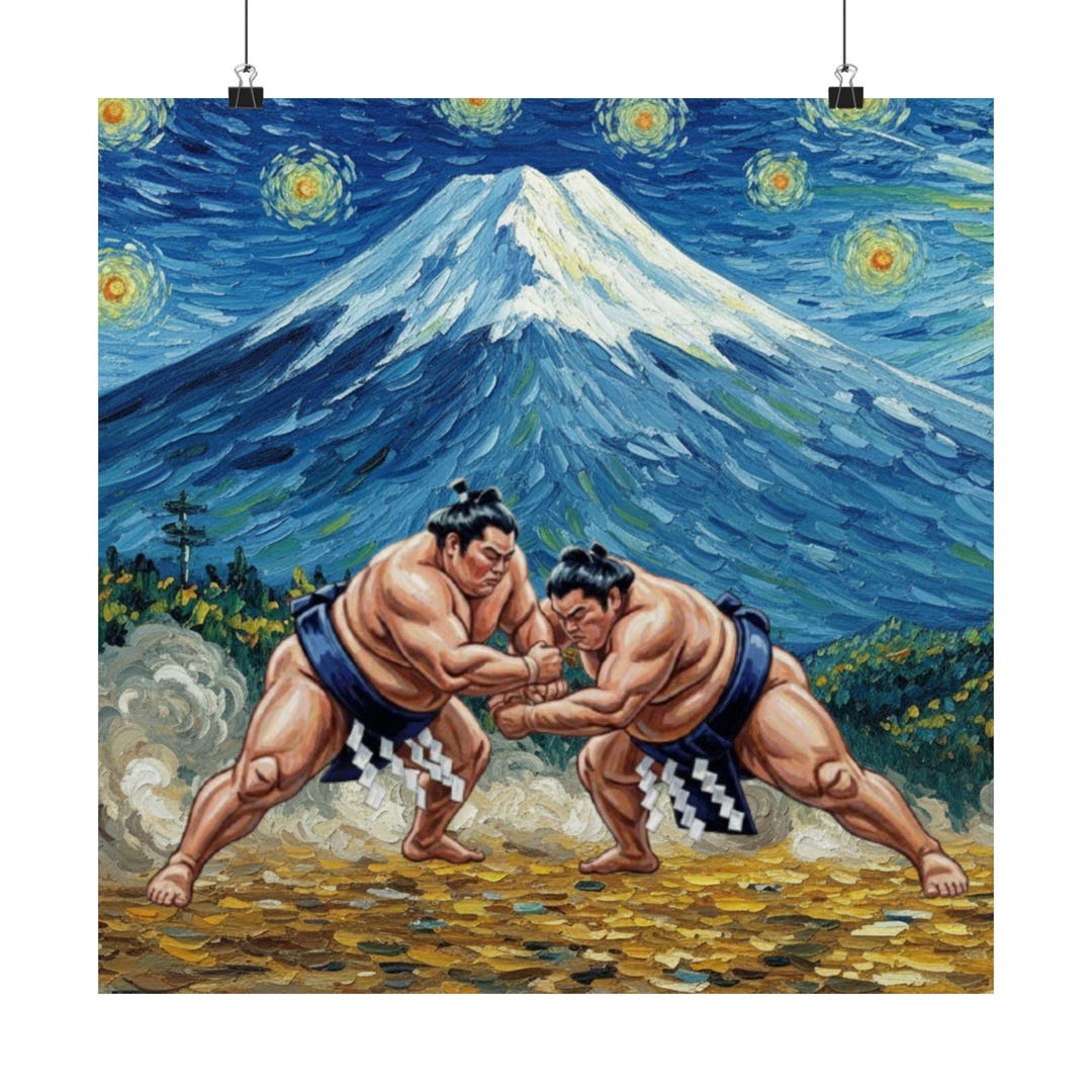 Van Gogh-style Sumo Wrestling Poster With Mount Fuji | Japanese Art ...