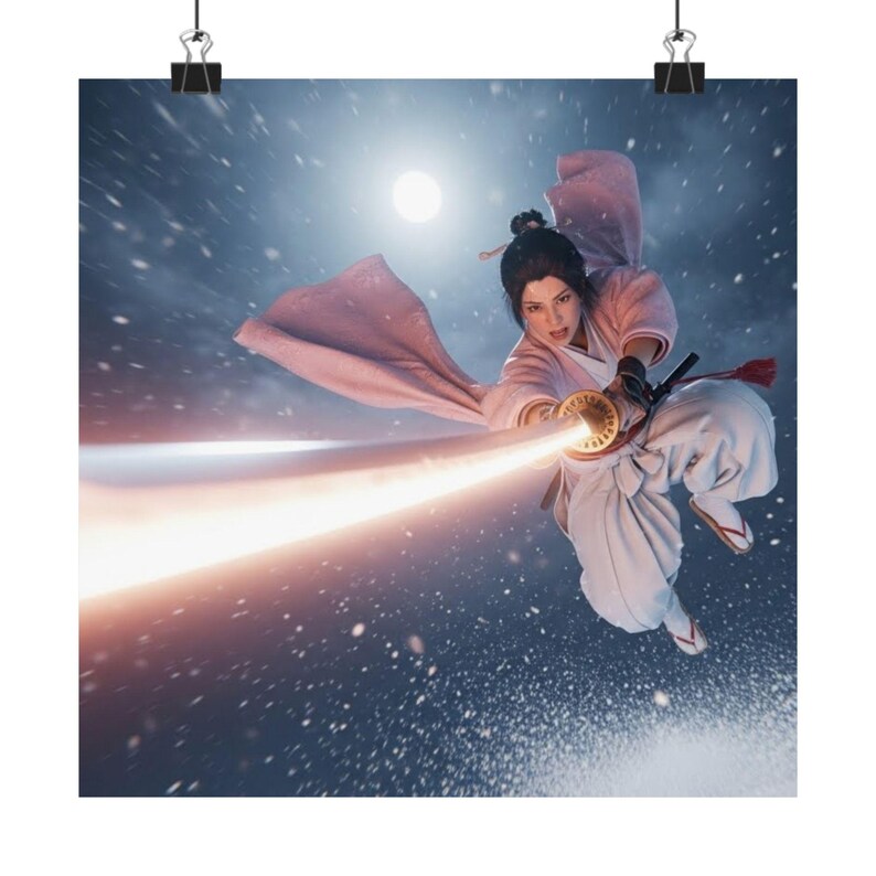 Female Samurai Jump Slash Poster Dynamic Katana Warrior Snow Scene ...