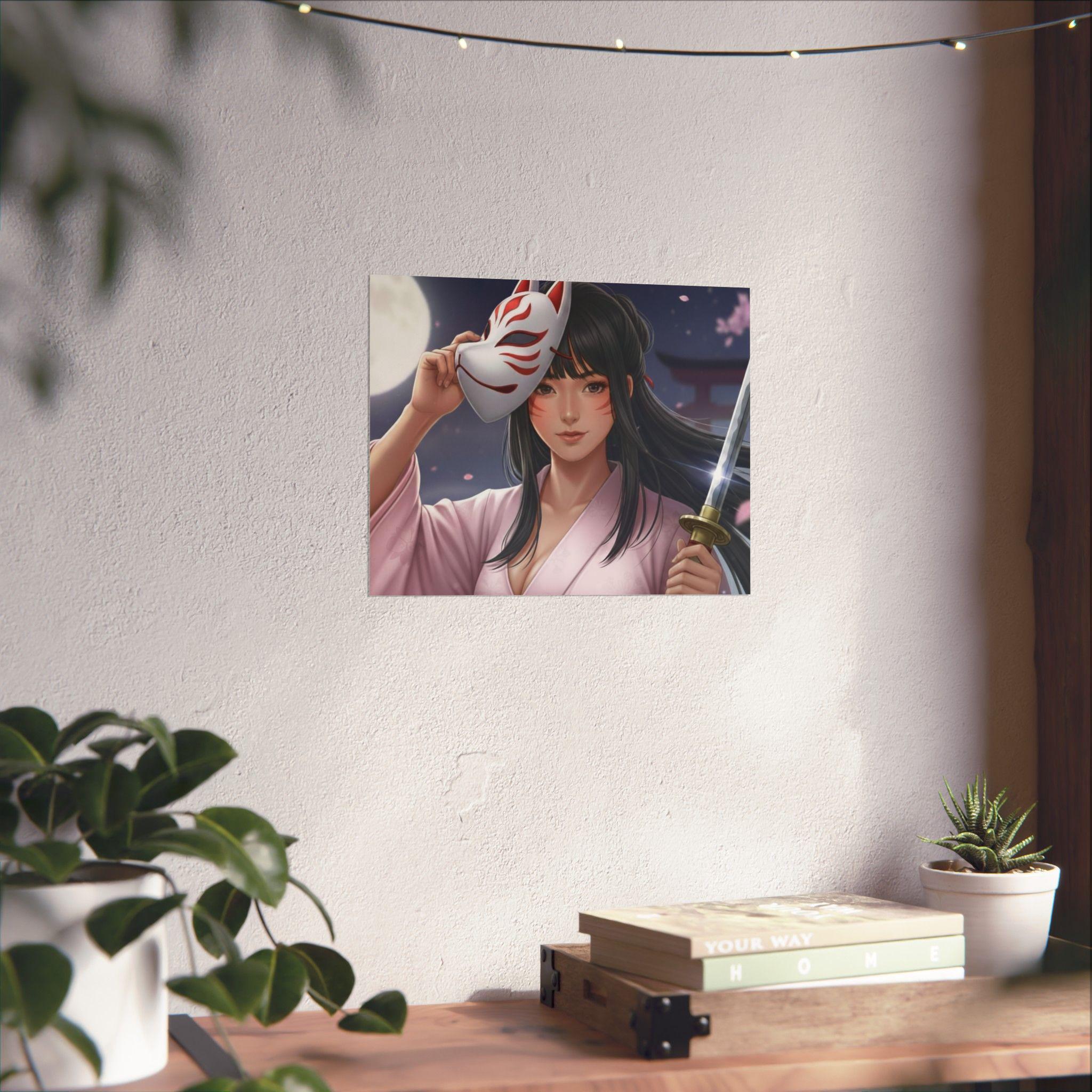 Kitsune Mask Samurai Girl Art Print: Pink Kimono, Sakura Moon - Etsy