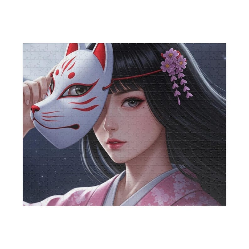 Kitsune Mask Maiden Puzzle | Japanese Anime Realism Jigsaw | Pink ...