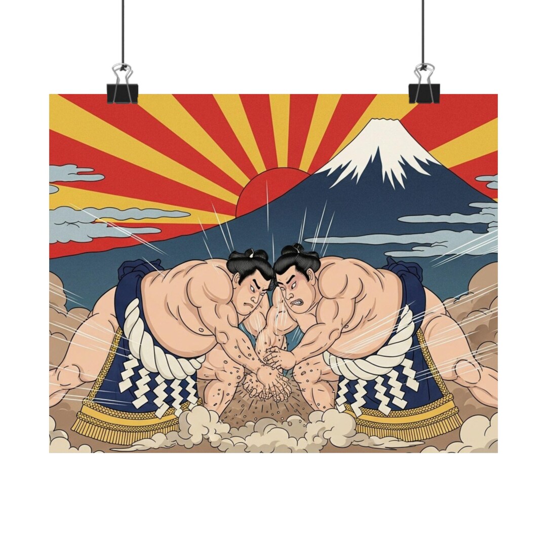 Ukiyo-e Style Sumo Poster With Mount Fuji and Rising Sun | Japanese Art ...