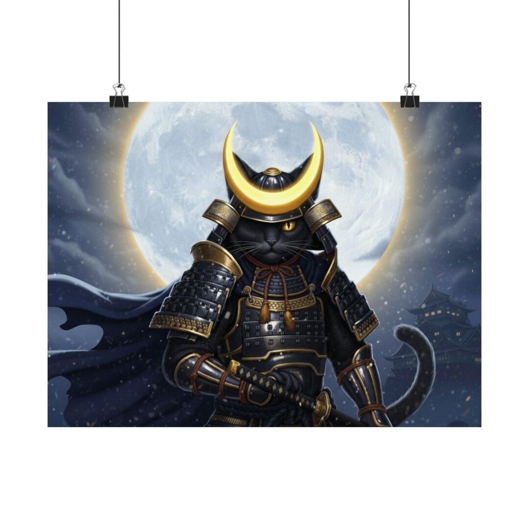 Samurai Black Cat Art Matte Horizontal | Crescent Moon Helmet Warlord ...