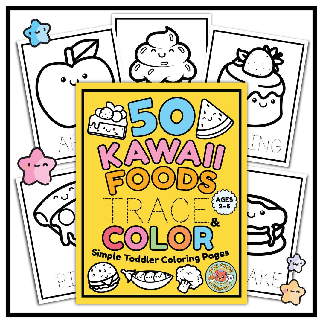 50 Kawaii Foods Trace & Color | Toddler Coloring Pages | Simple ...
