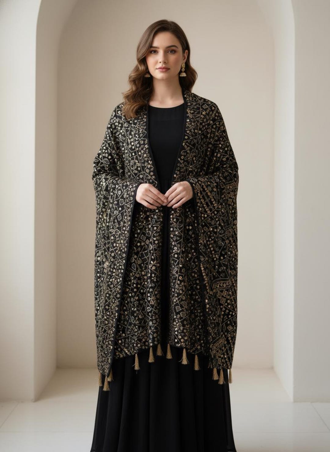 Luxury Embroidered Winter Shawl | Black Gold Mirrorwork Shawl | Premium ...