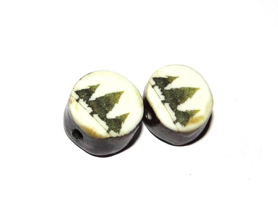 Ceramic Tree Bead Pair Handmade Rustic Forest Beads