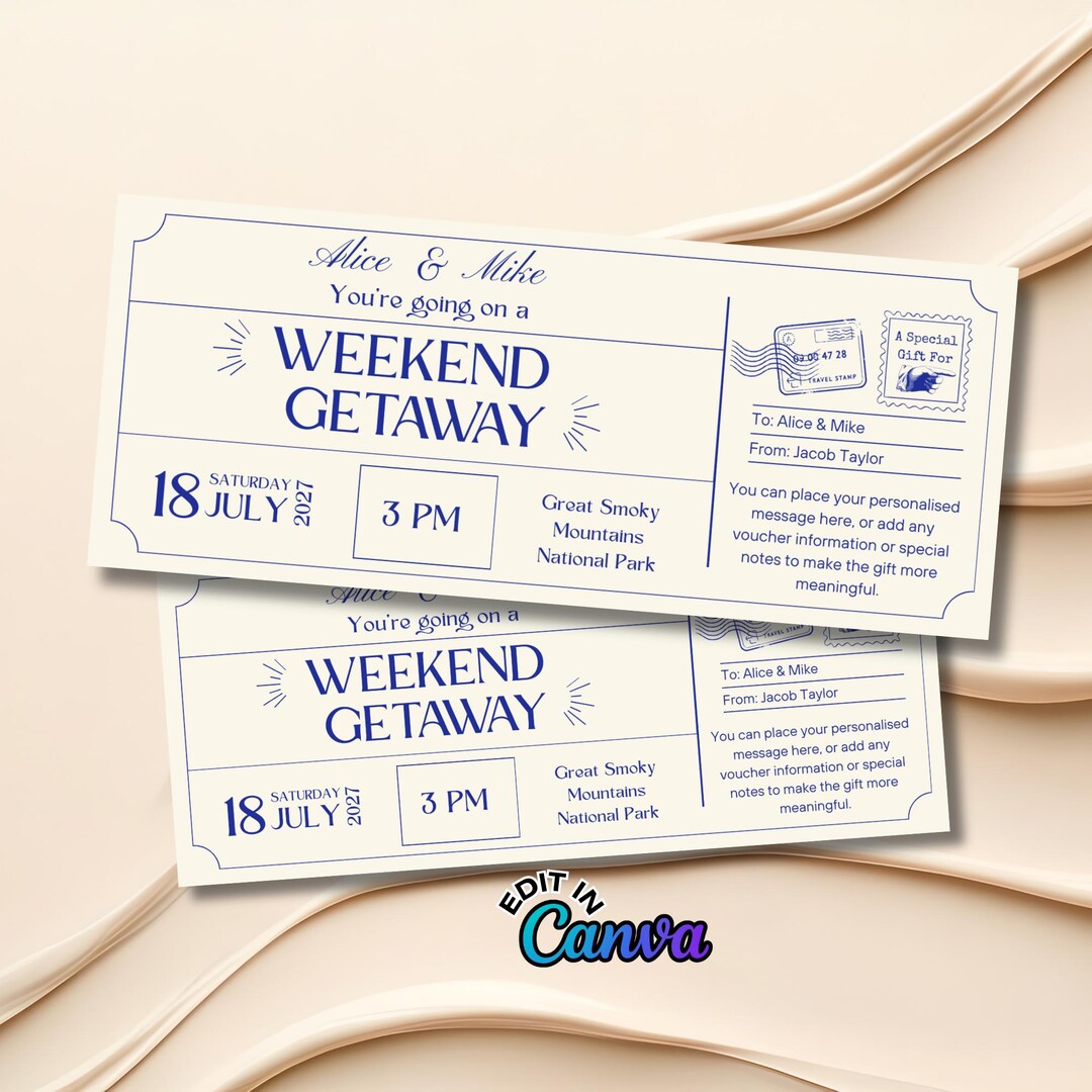 Weekend Getaway Gift Ticket, Editable Fun Travel Surprise for Weekend ...