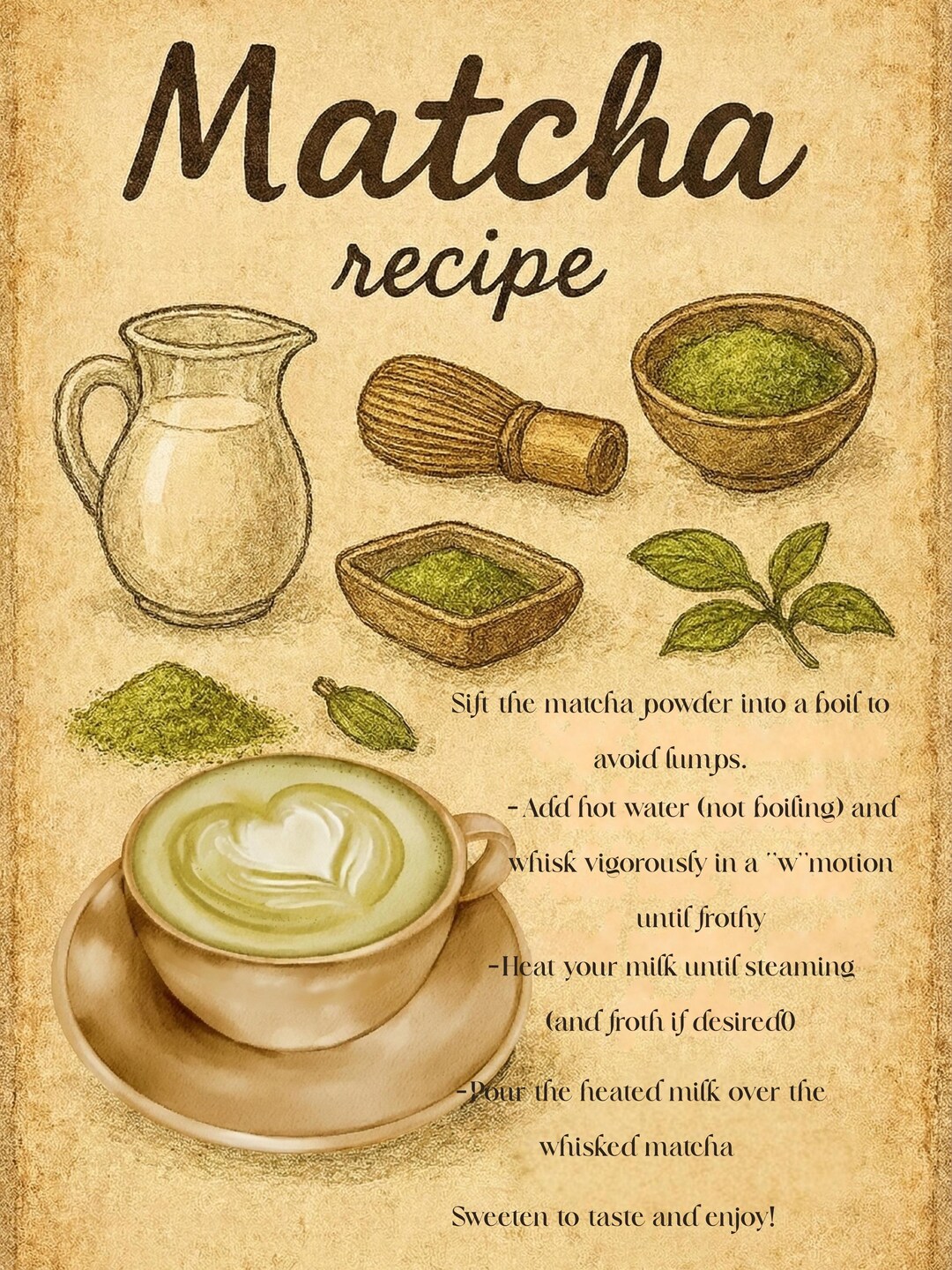 Vintage Matcha Recipe Art Print – Green Tea Kitchen Decor (digital ...
