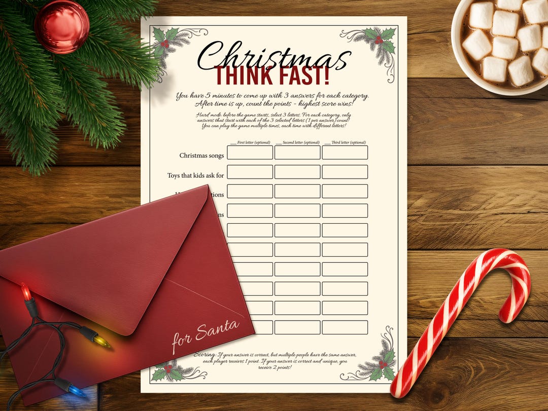 Christmas Think Fast Printable PDF Game - Fun Holiday Challenge for ...