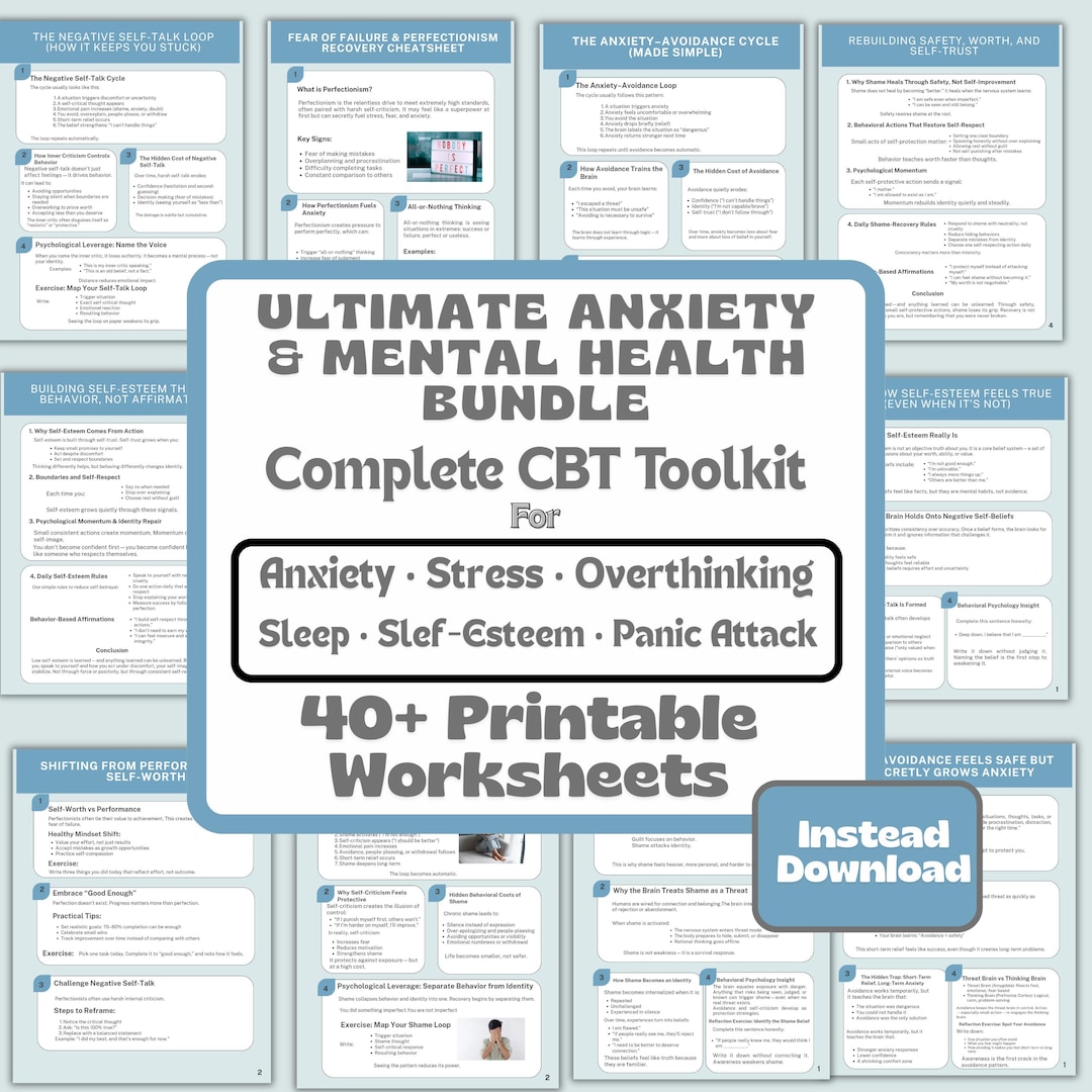 Mental Health Bundle Printable, Anxiety & Overthinking CBT Worksheets ...