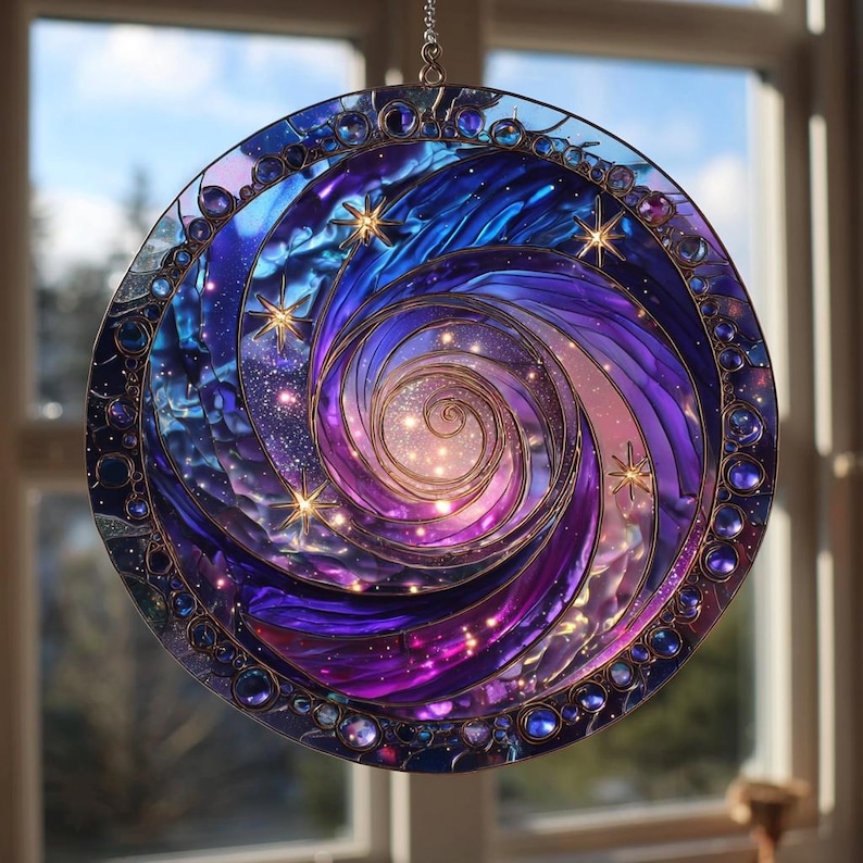 Celestial Spiral Stained Glass Acrylic Suncatcher With Chakra Crystals ...