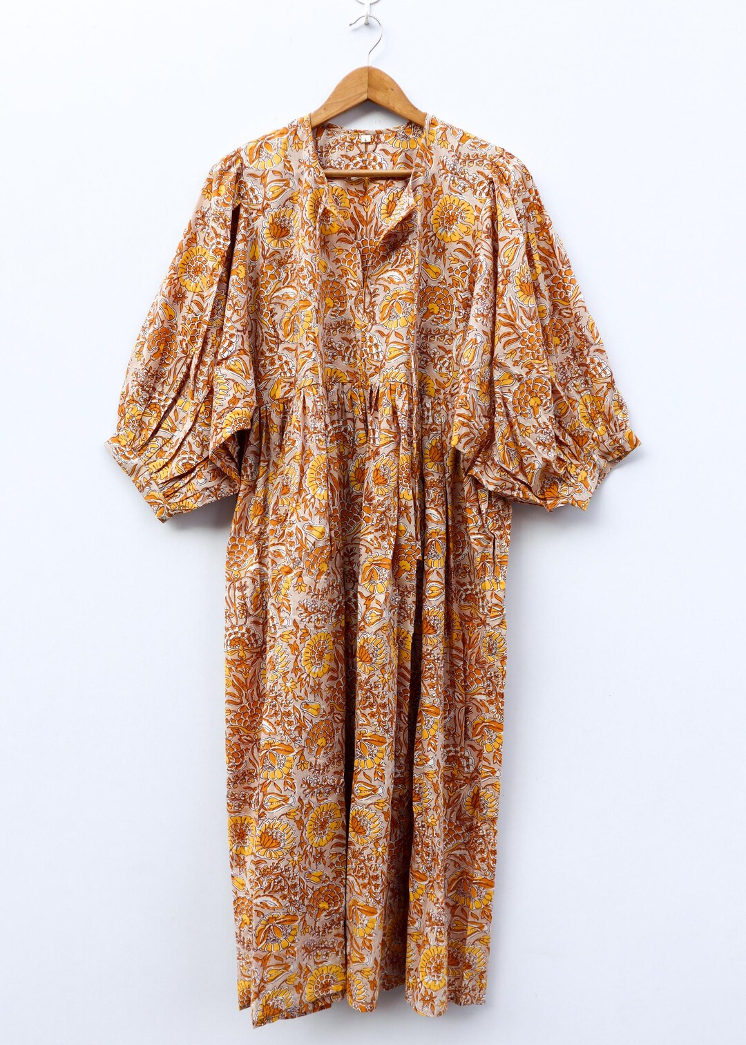Floral Block Print Cotton Midi Mini Dress, Deep Neck String Closer ...