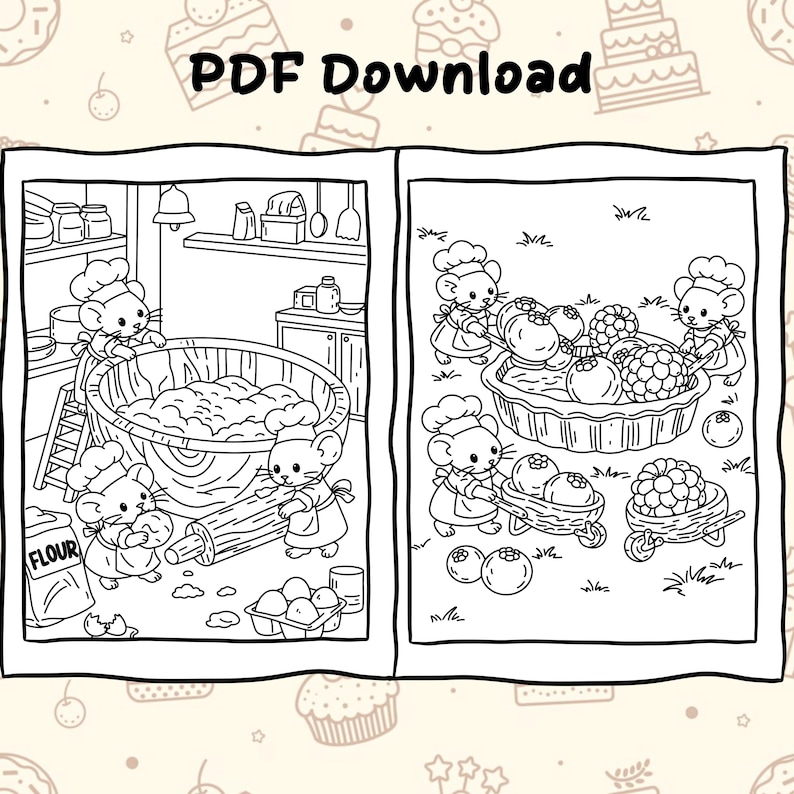 Tiny Baker Mice Coloring Pages, Storybook Style, Bold Easy Lines (PDF ...