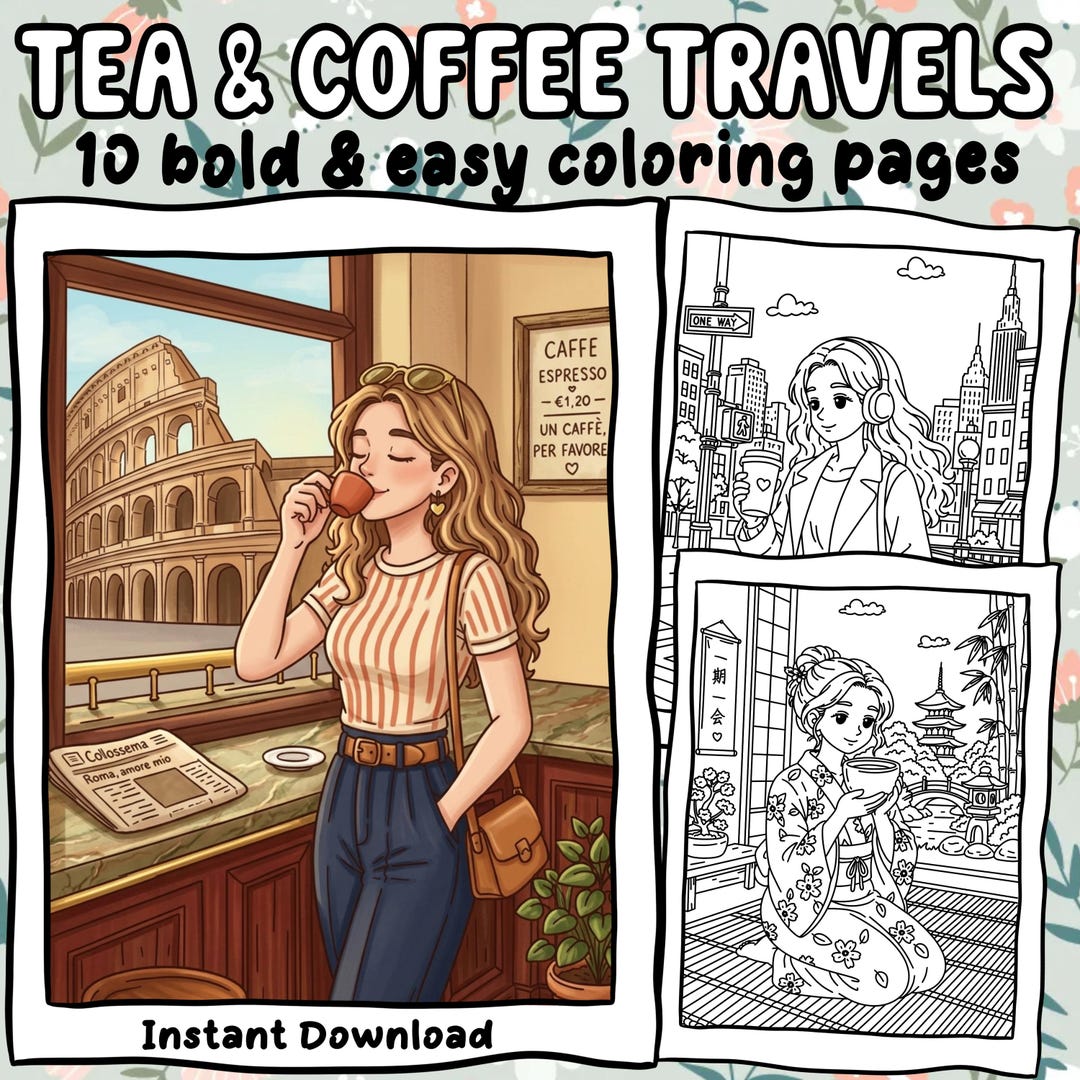 10 Bold Travel Coloring Pages, Around the World Scenes, Cozy Cafe Art ...