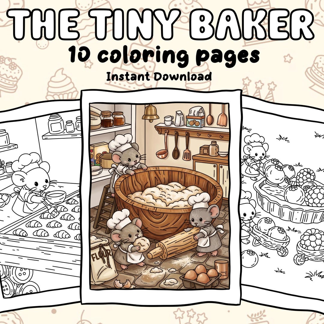 Tiny Baker Mice Coloring Pages, Storybook Style, Bold Easy Lines (PDF ...