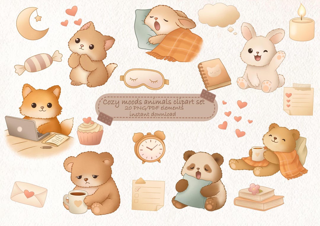 Cozy Moods Animals Clipart Set | Cute Woodland Animals & Cozy Decor ...