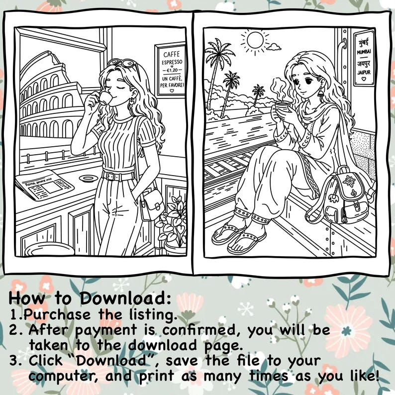 10 Bold Travel Coloring Pages, Around the World Scenes, Cozy Cafe Art ...